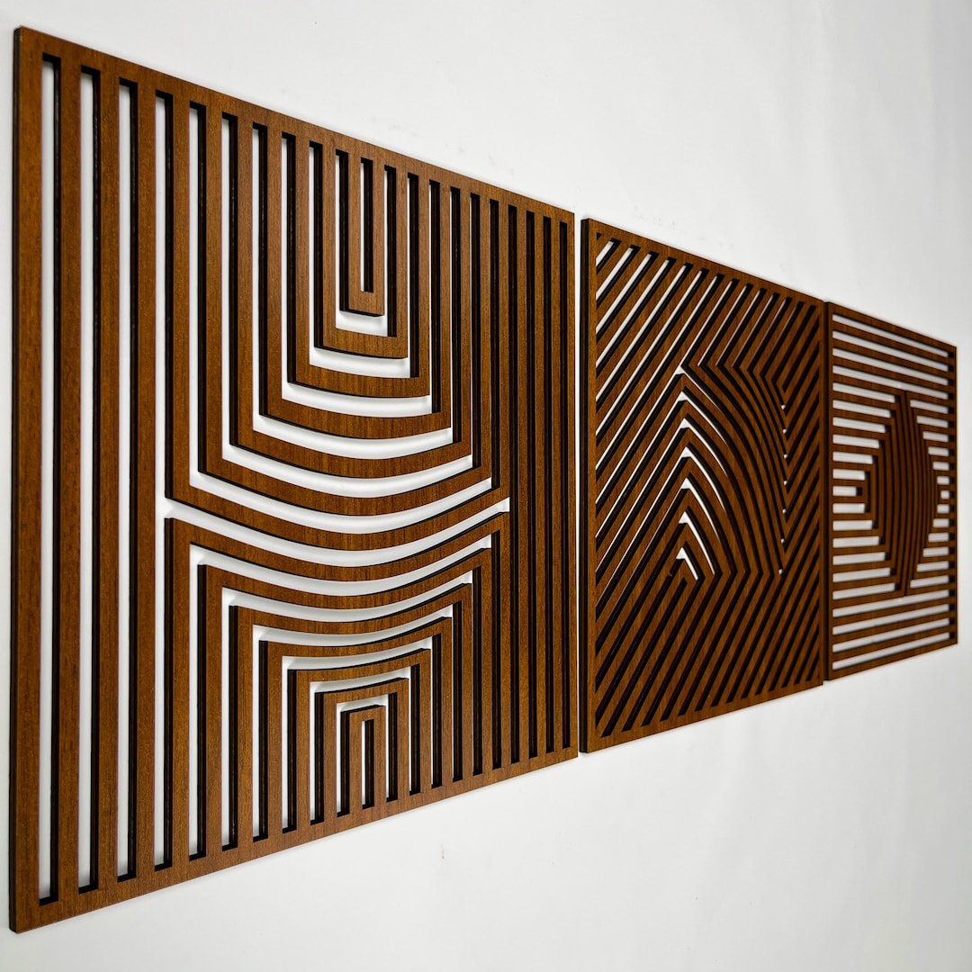 Geometric Wood Wall Art With Distorted Squares, Abstract 3 Piece Wooden ...