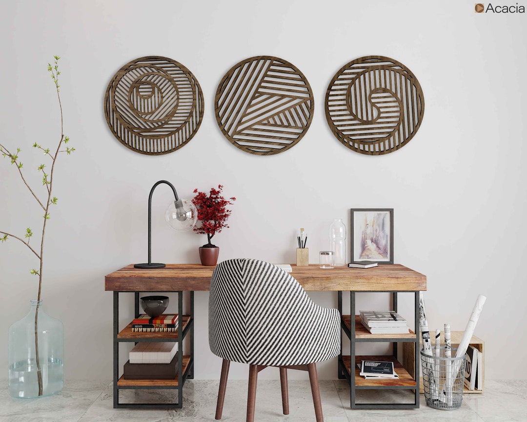 Round Wood Wall Art Set of 3, Large Geometric Circle Wall Panels, Abstract Lines Wooden Wall Art ...