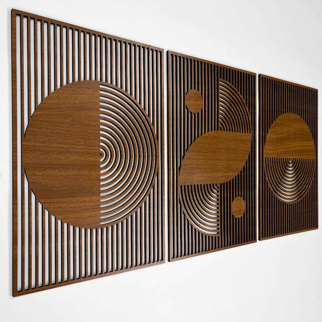 Boho Wood Wall Art Bauhaus Style, Abstract Wooden Wall Art, Large Mid ...