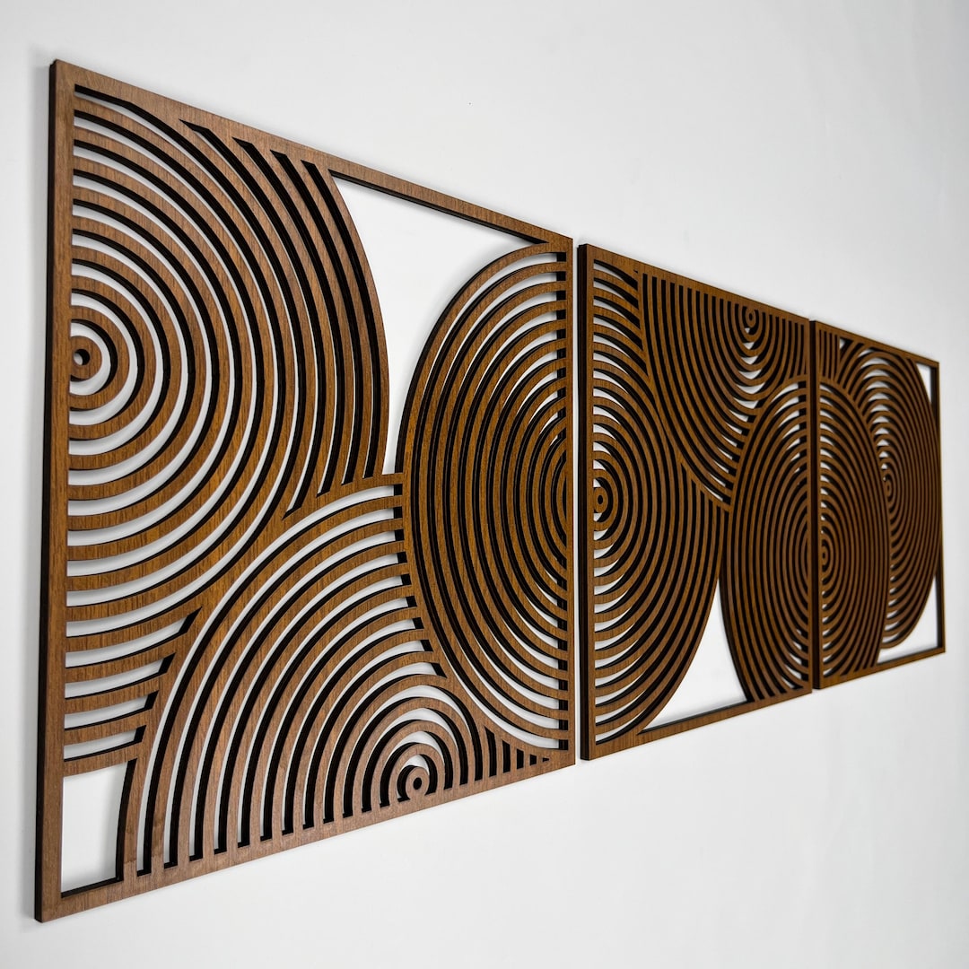 Mid Century Modern Wood Wall Art With Circular Patterns, Set of 3 Boho ...