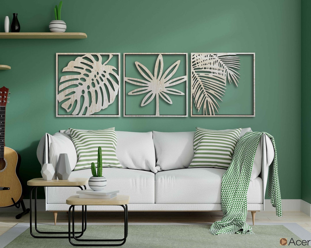 Tropical Leaves Wood Wall Art, 3 Piece Large Wood Wall Decor Bedroom ...