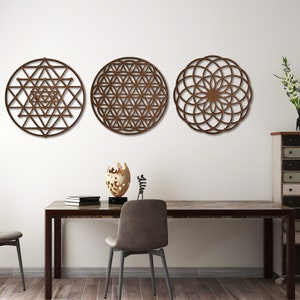 Sacred Geometry Wood Wall Art Decor, 3 Piece Geometric Mandala Wall ...