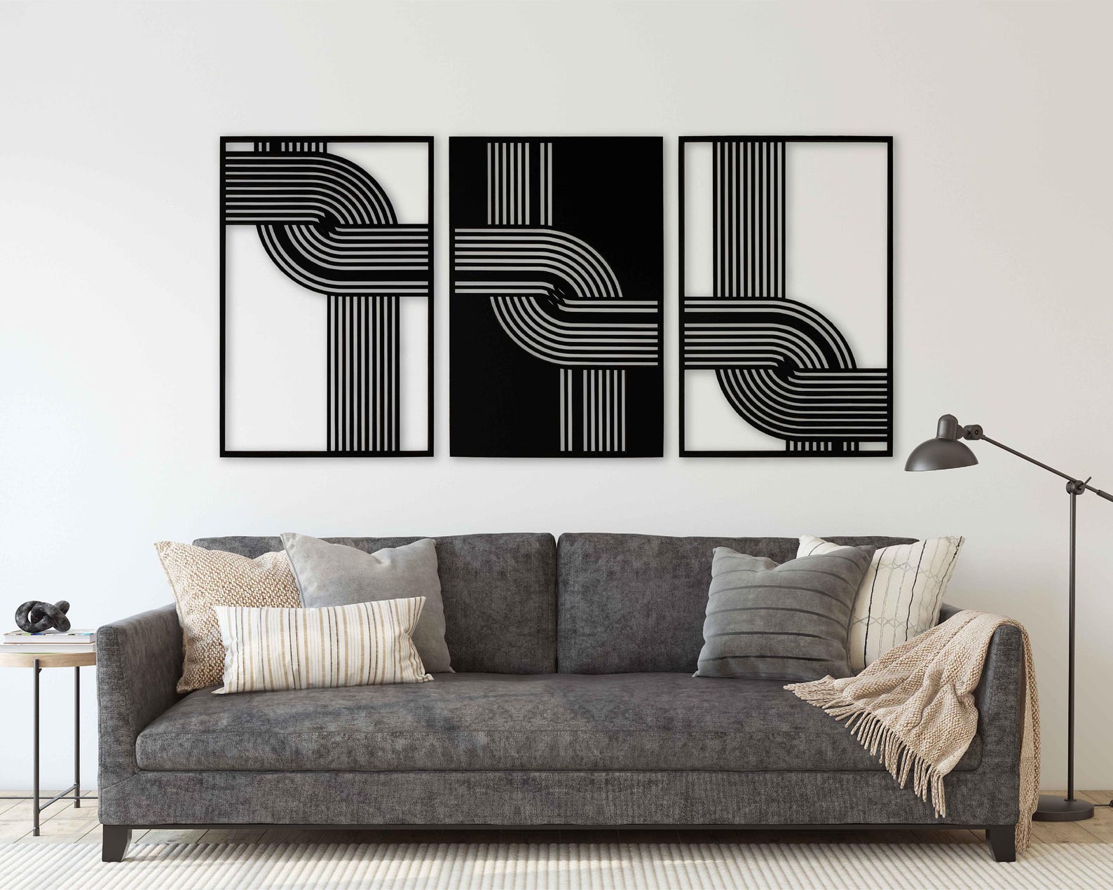 Mid-century Modern Wooden Triptych Set, Abstract Curved Line Wood Wall ...