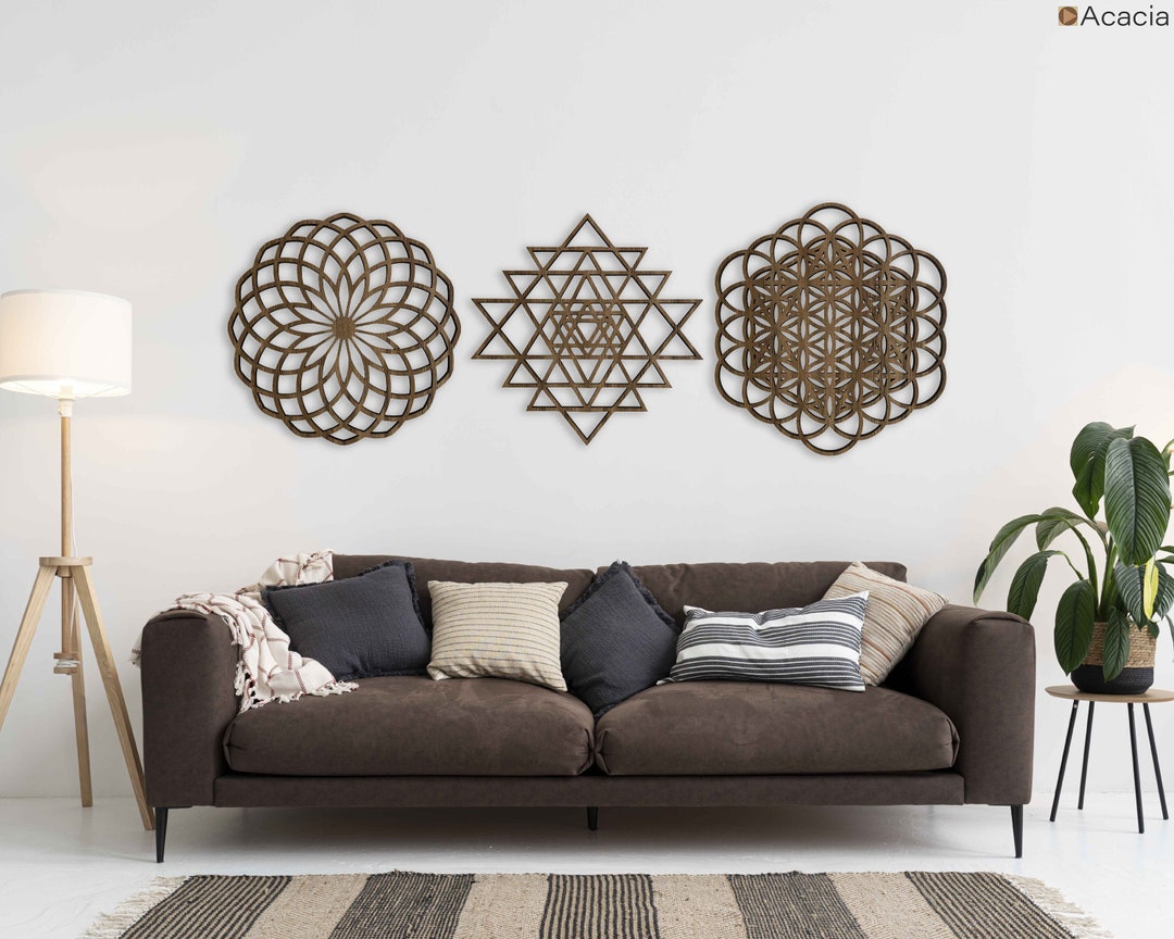 Sacred Geometry Wall Art Wood, Set of 3 Spiritual Wood Wall Art, Large ...