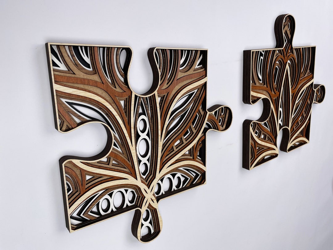 Wood Puzzle Wall Art Decor, Set of 2 Puzzle Pieces Wall Art, 3D Layered ...