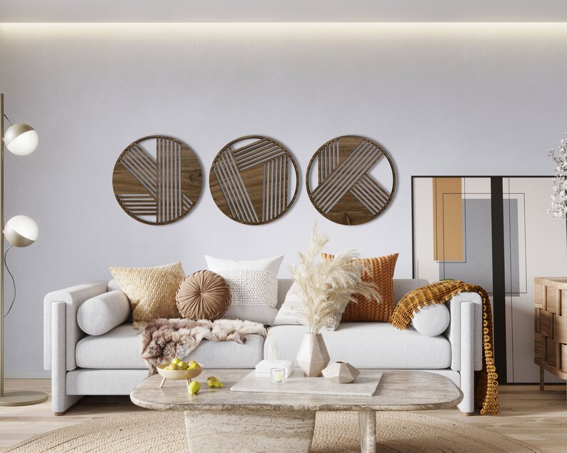 3 Piece Round Wood Wall Art Decor, Large Geometric Wall Art, Abstract ...