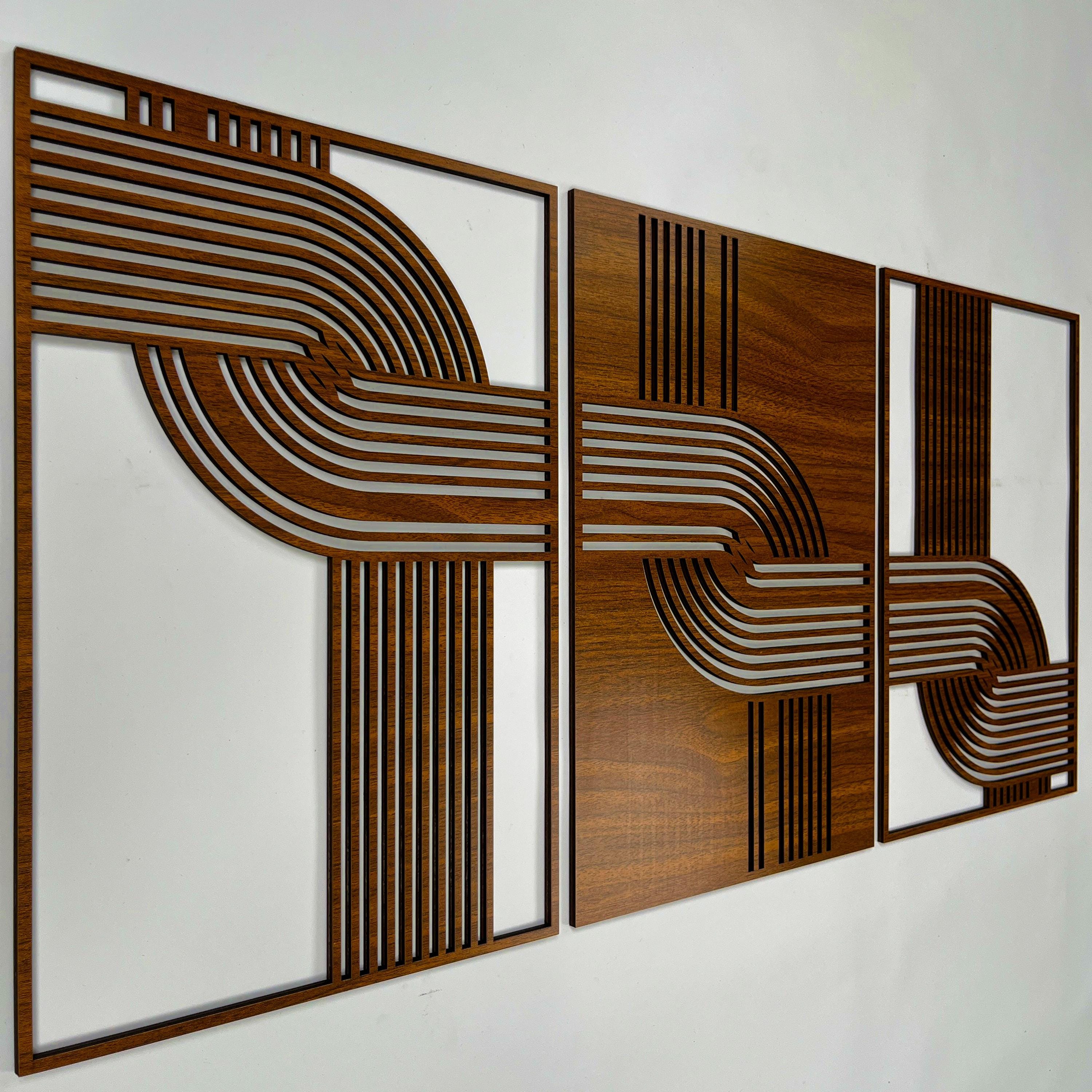 Mid-century Modern Wooden Triptych Set, Abstract Curved Line Wood Wall ...