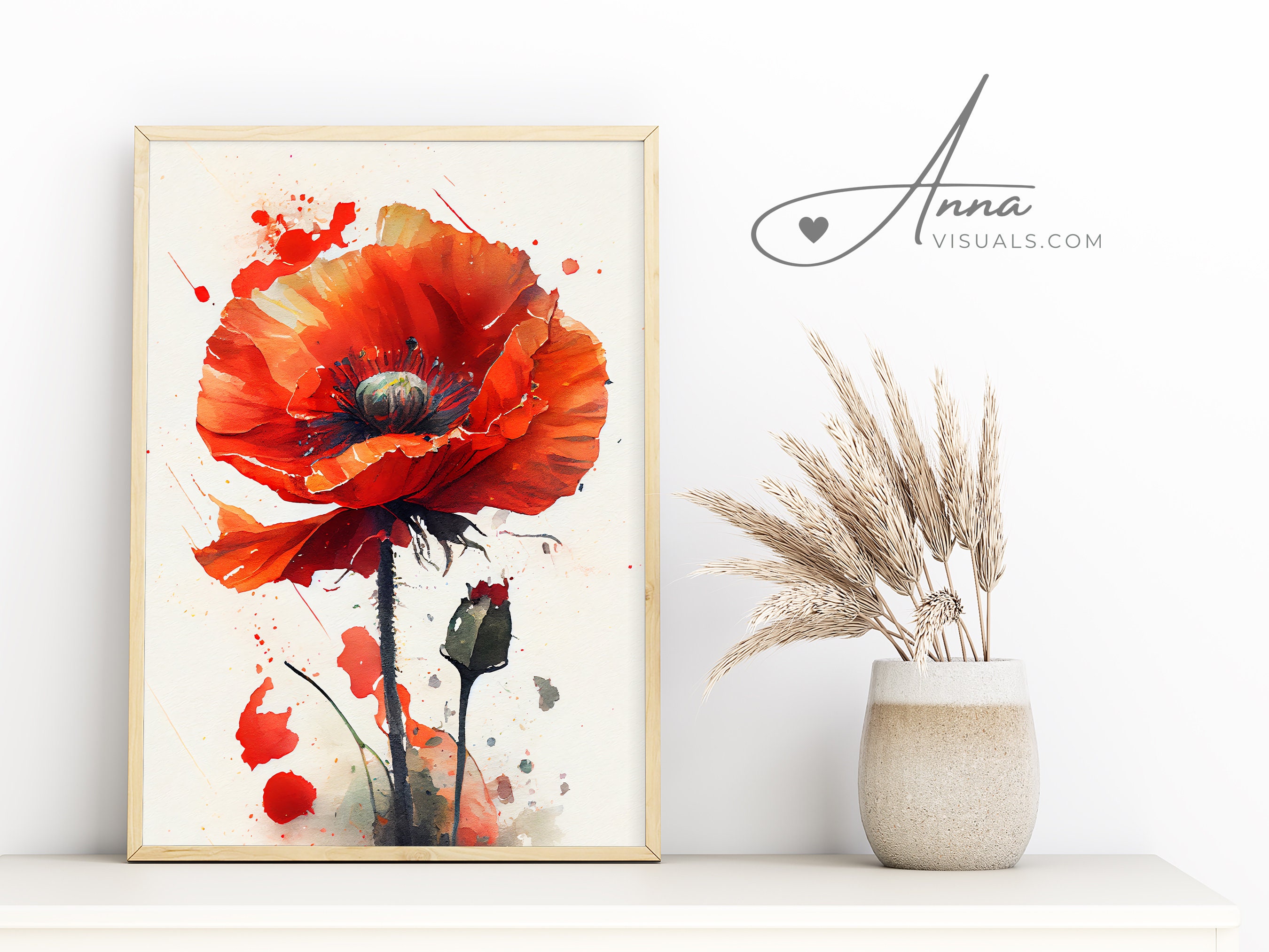 Single Red Poppy Flower Poster, Watercolor Flower Painting, PRINTABLE ...