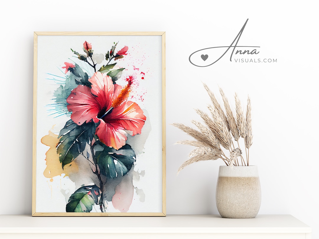 Hibiscus Flower Poster, Watercolor Flower Painting, PRINTABLE Digital ...