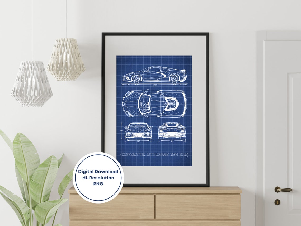 Corvette C8 Blueprint, Corvette Stingray Z51 C8, Mechanic Gift, Digital ...