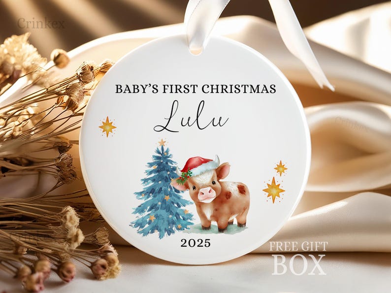 Baby's First Christmas Cow Design Ceramic Ornament: Newborn Cow Gifts ...