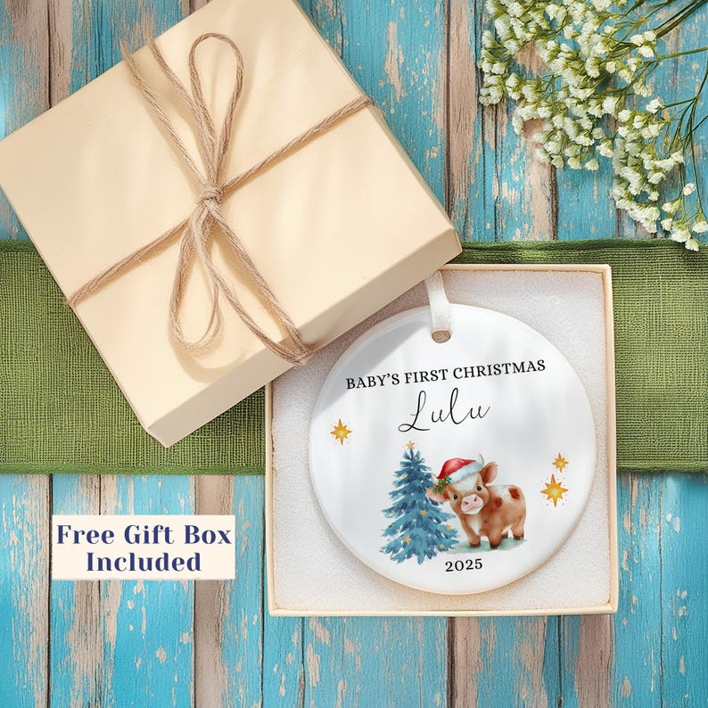 Baby's First Christmas Cow Design Ceramic Ornament: Newborn Cow Gifts ...