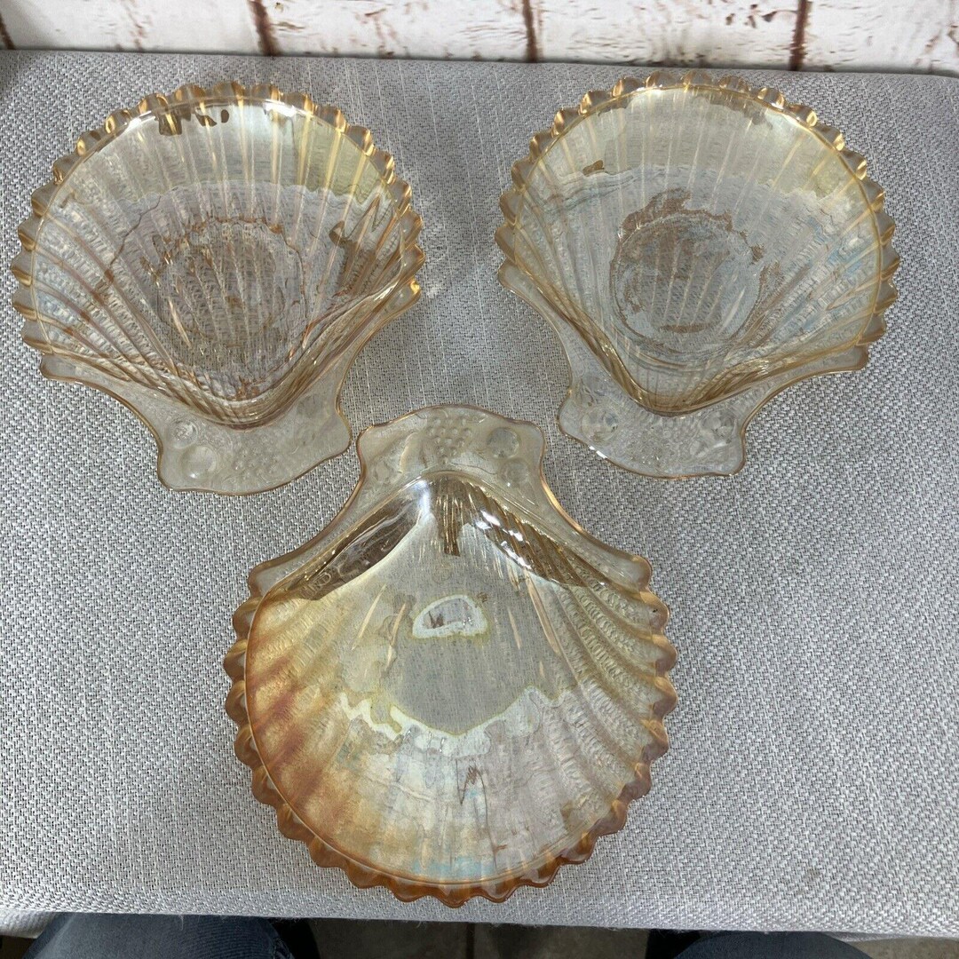 Vintage Depression Carnival Glass Seashell Trinket Soap Dish Marigold ...