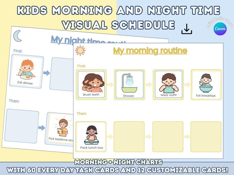 Kids Visual Schedule Chart | Morning Bedtime Routine Cards (editable ...