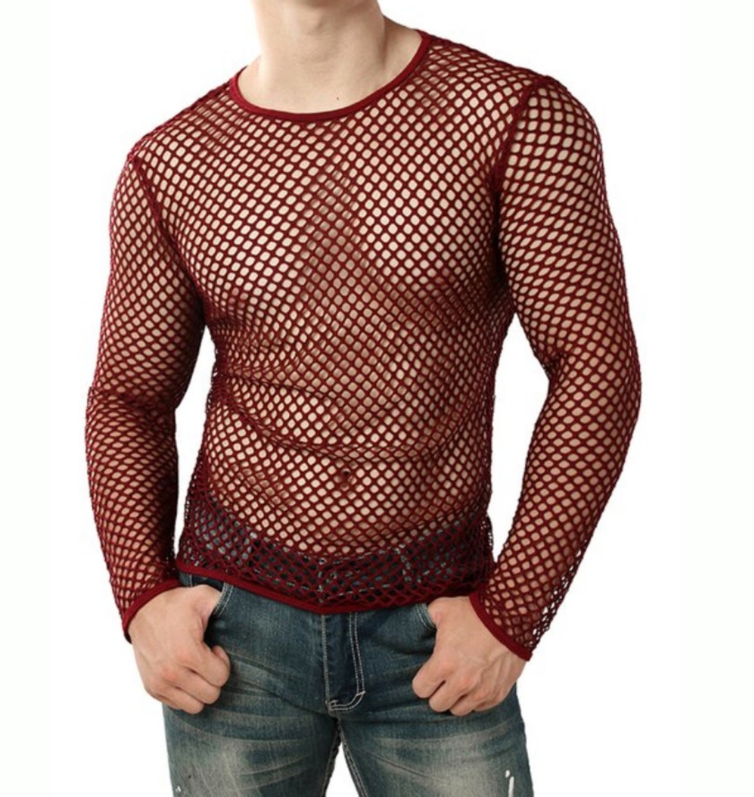 Mens Sexy Sheer Shirt Red Color Breathable Fishnet Mesh Mens - Etsy
