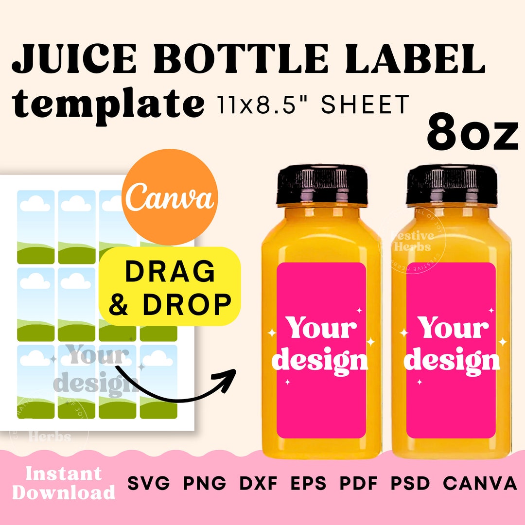 Juice Bottle Label Template, 8oz Bottle Label Template Canva, 8oz Juice ...