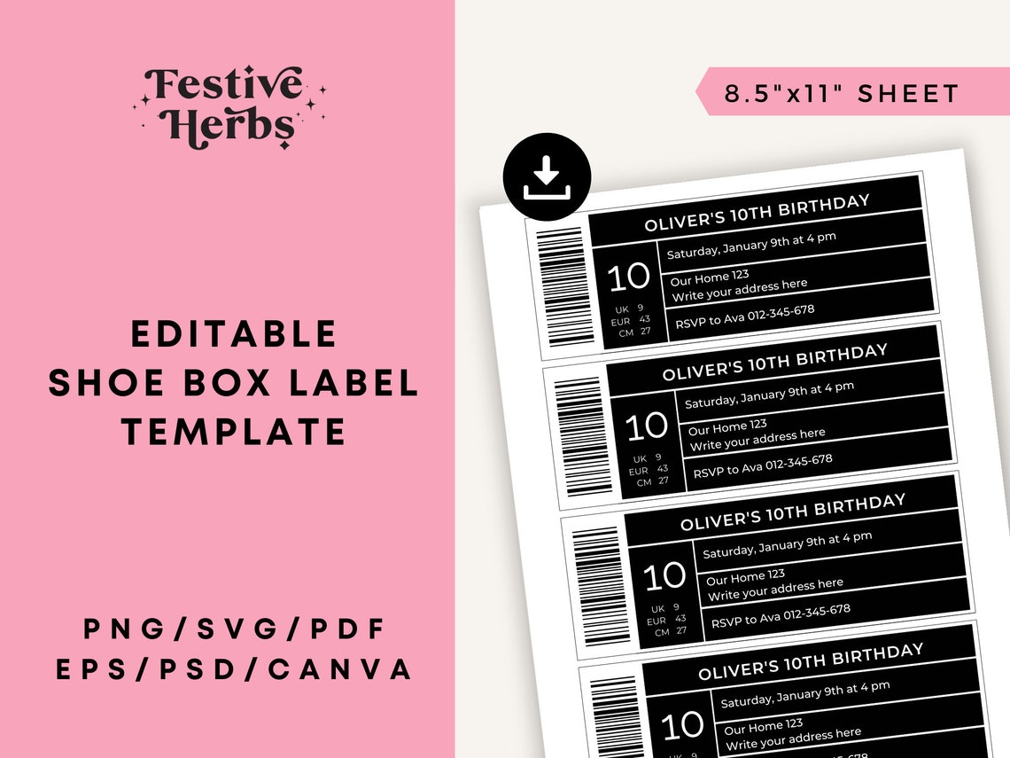 Shoe Box Label Template Shoe Box Label SVG Label Template - Etsy