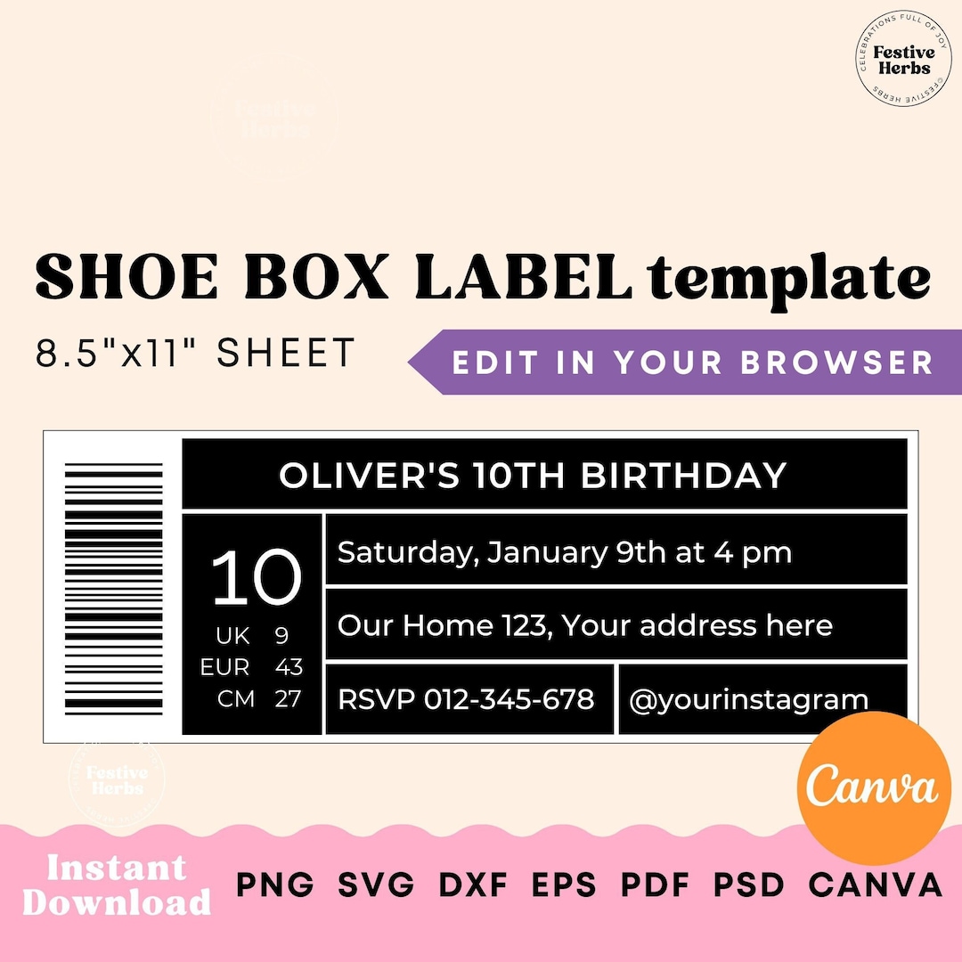 Shoe Box Label Template Printable Shoe Box Label Template - Etsy
