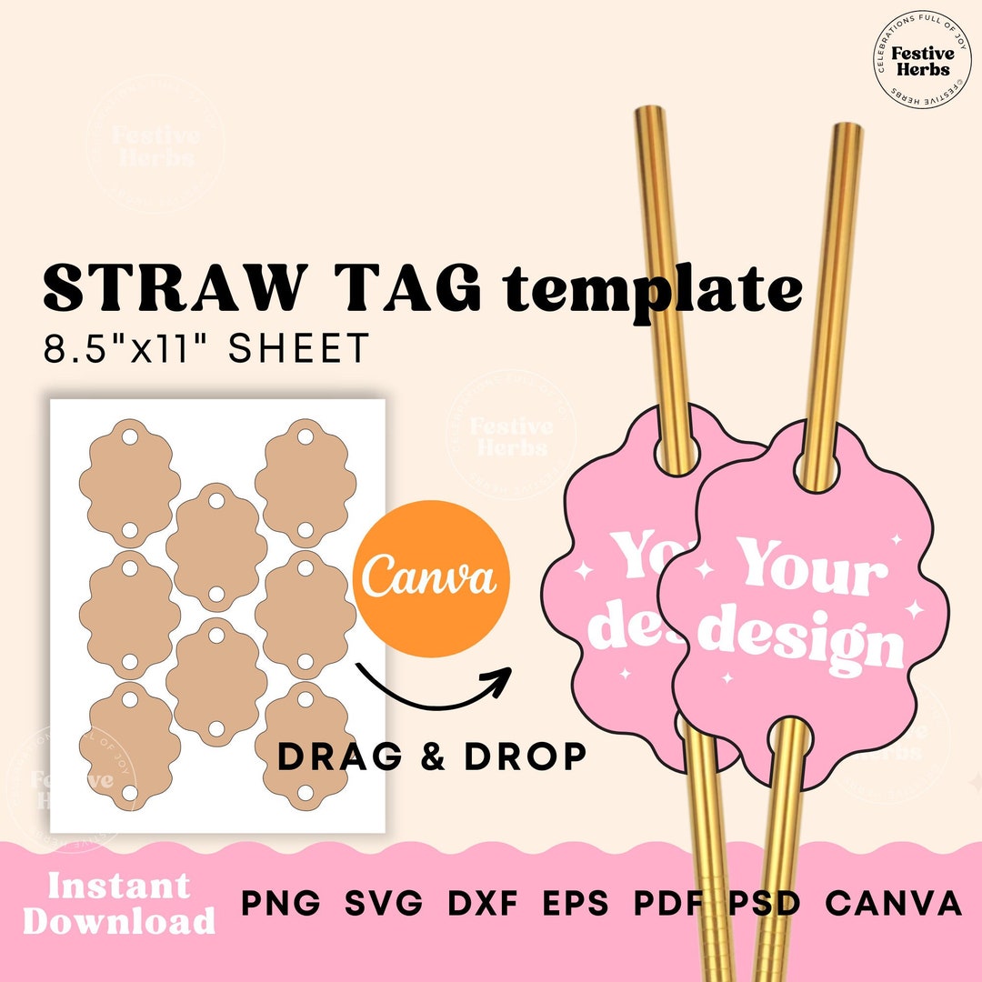 Straw Tag Template, Party Template Canva, Custom Party Decor Party Tags ...