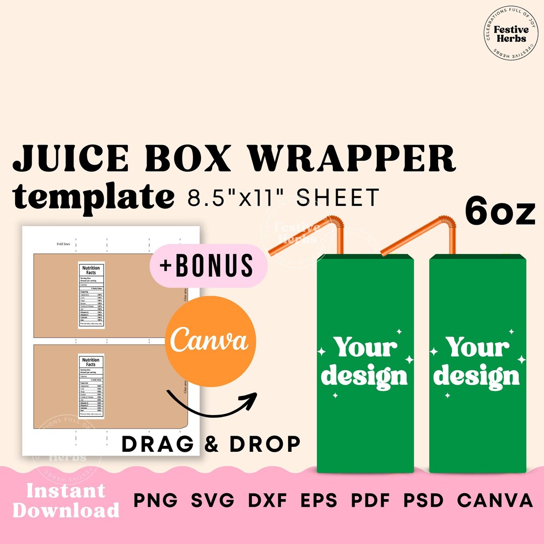 Juice Box Wrapper Template, 6oz Juice Box Template Canva, Kids Party ...