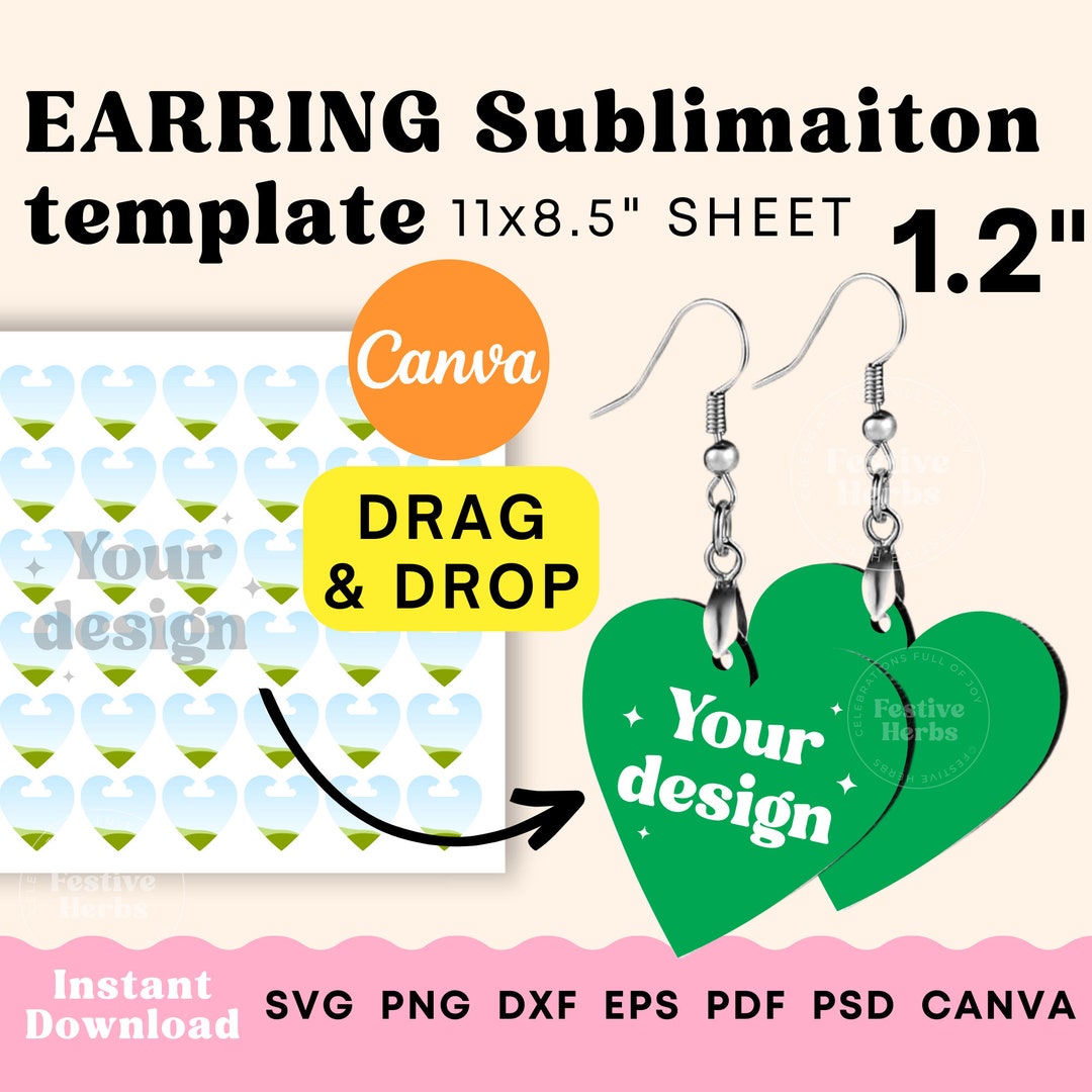 Earring Template, Earring Template SVG, Heart Earring Sublimation ...