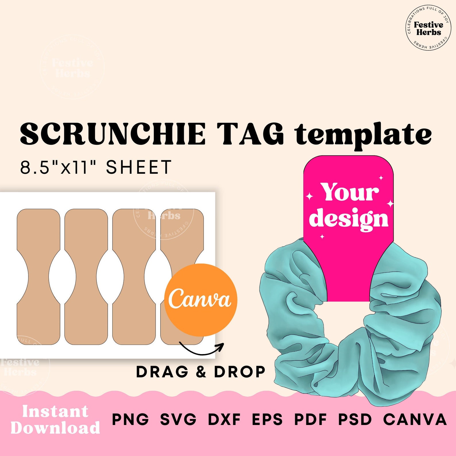 Scrunchie Tag Template, Scrunchie Tag Svg Canva Template, Printable ...