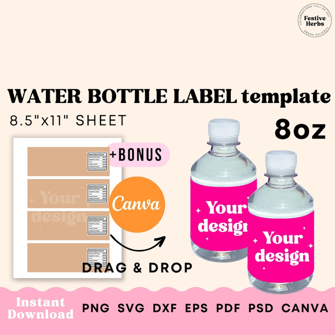 Plantilla de etiqueta de botella de agua de 8 oz, plantilla de canva de botella de agua ...