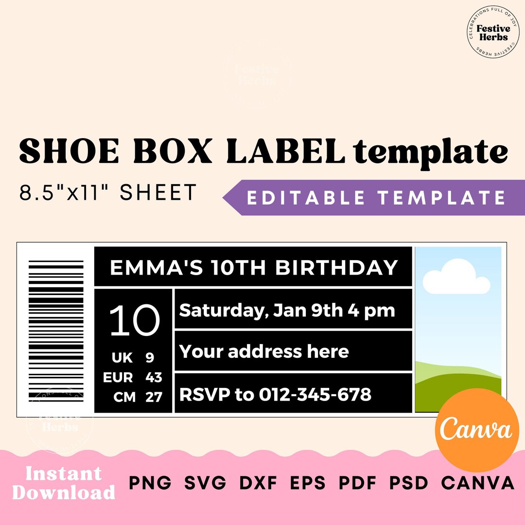 Shoe Box Label Template, Party Favor for Adult Birthday, Shoe Box Label ...