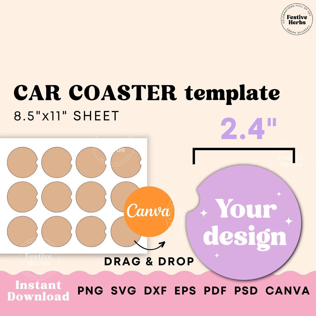 2.4 Car Coaster Template, Car Cup Coaster SVG, Car Coaster Sublimation ...