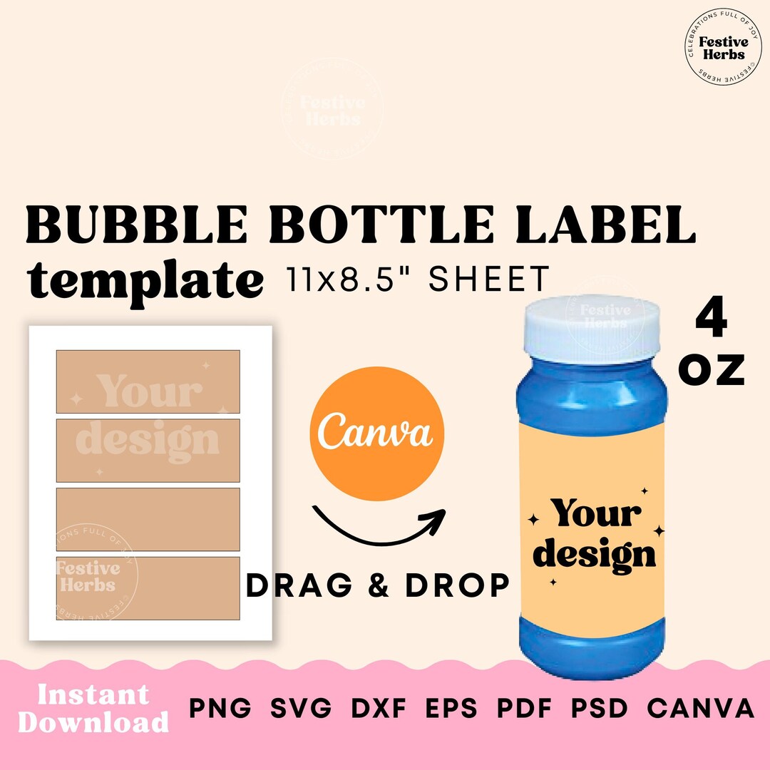 4oz Bubble Bottle Label Template, Party Favor Templates Canva, Kids ...