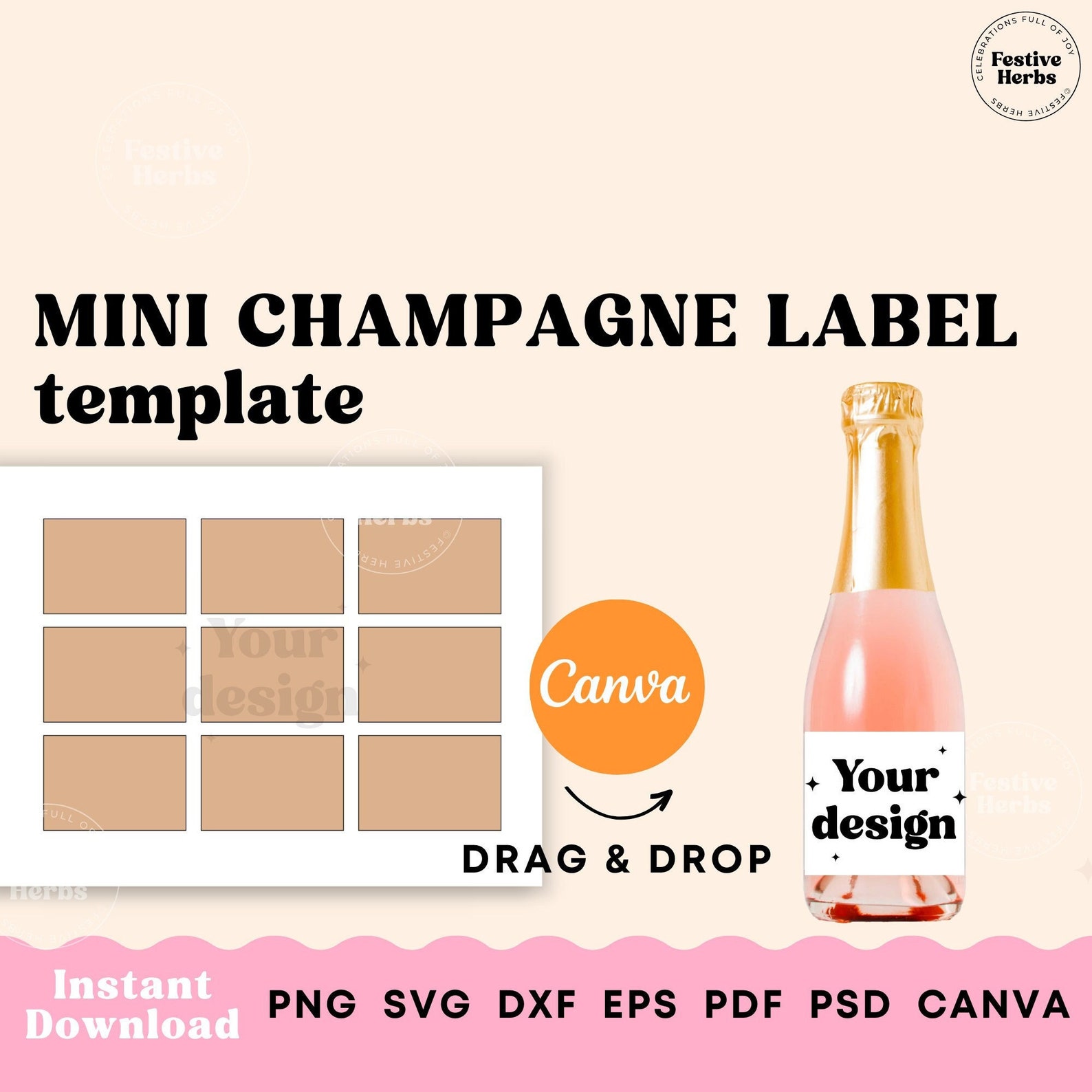 Mini Champagne Bottle Label Template, Mini Champagne Label Template SVG ...