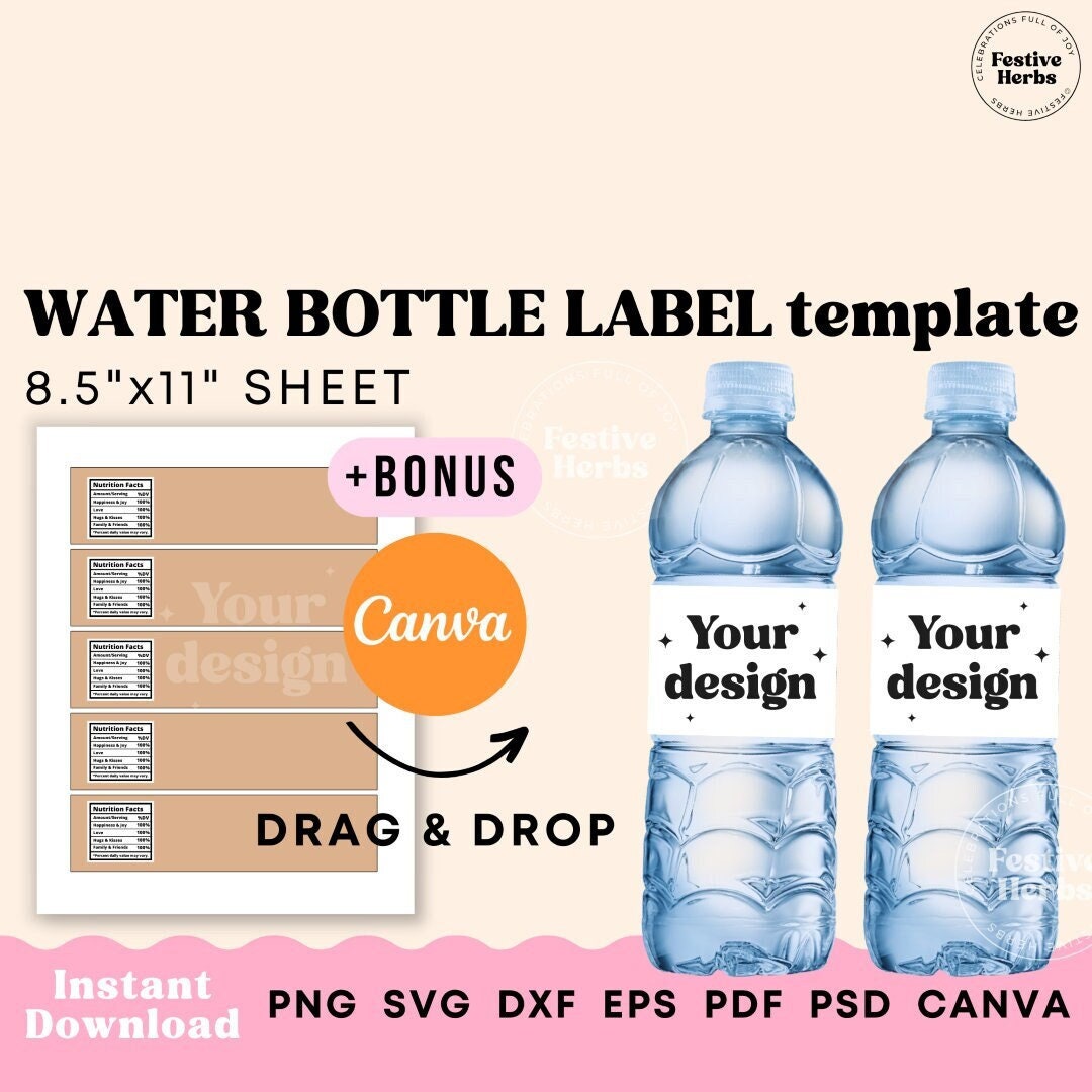 Water Bottle Label Template, Editable Water Bottle Label Canva, Water ...