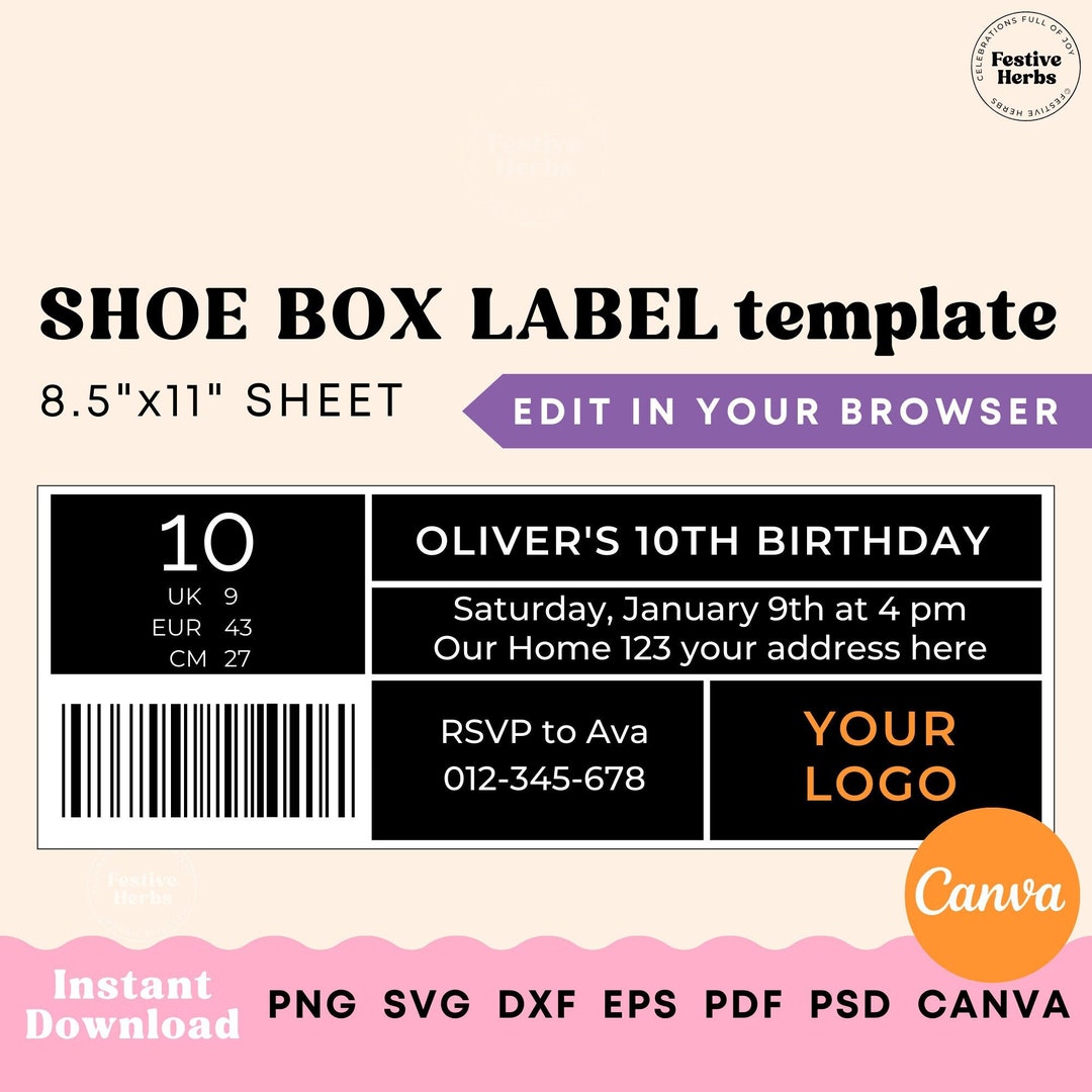 Shoe Box Label Template Printable Shoe Box Label Template - Etsy