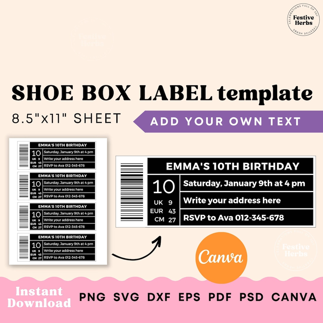 Shoe Box Label Template, Shoe Box Label SVG, Party Favor Templates ...