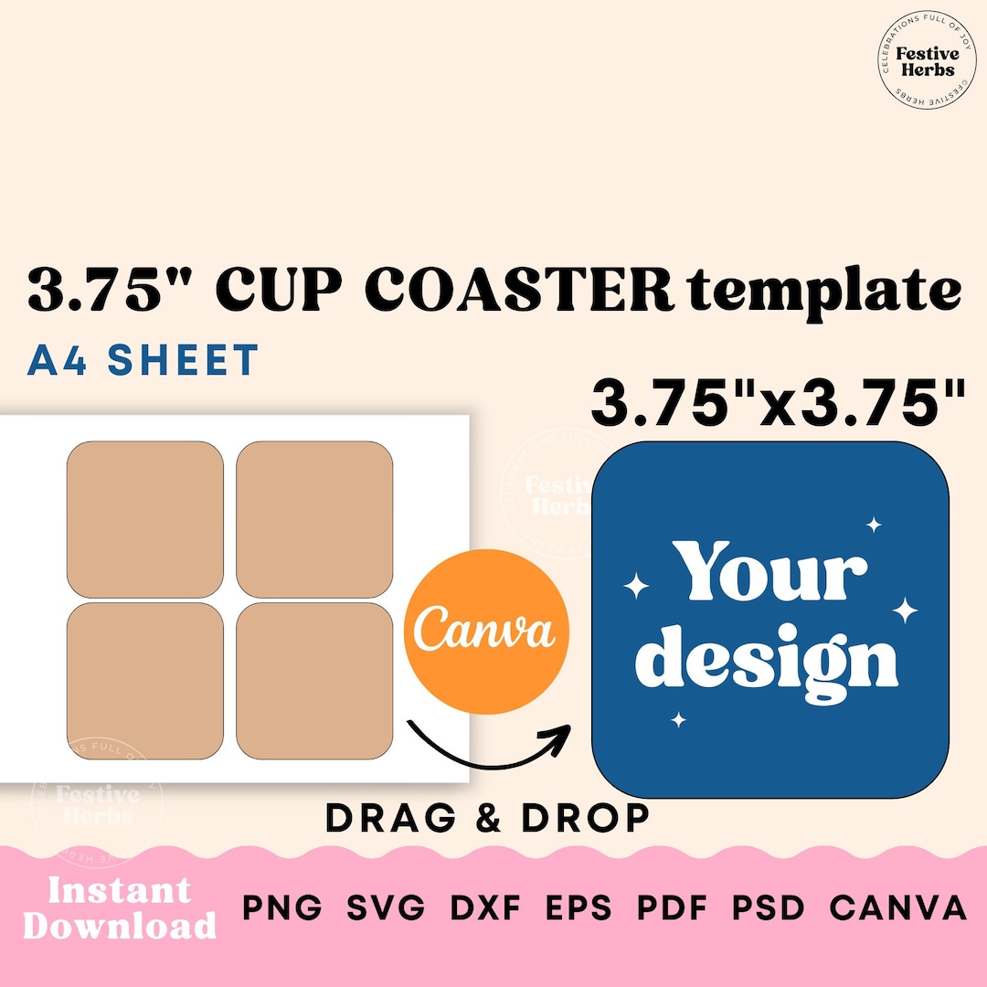 Square Coaster Template, 3.75 Inch Square Cup Coaster Sublimation ...