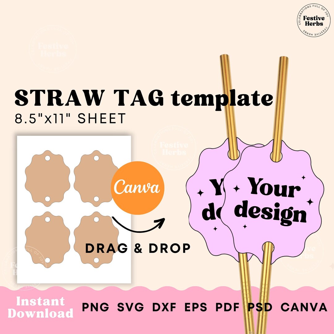 Straw Tag Template, Party Template Canva, Custom Party Decor Party Tags ...