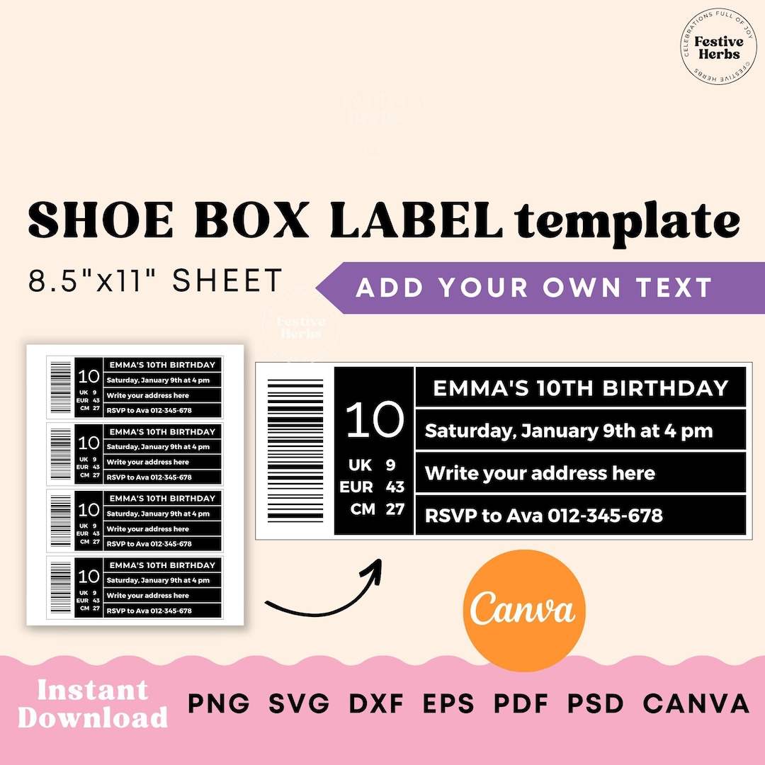 Shoe Box Label Template, Shoe Box Label SVG, Party Favor Templates ...