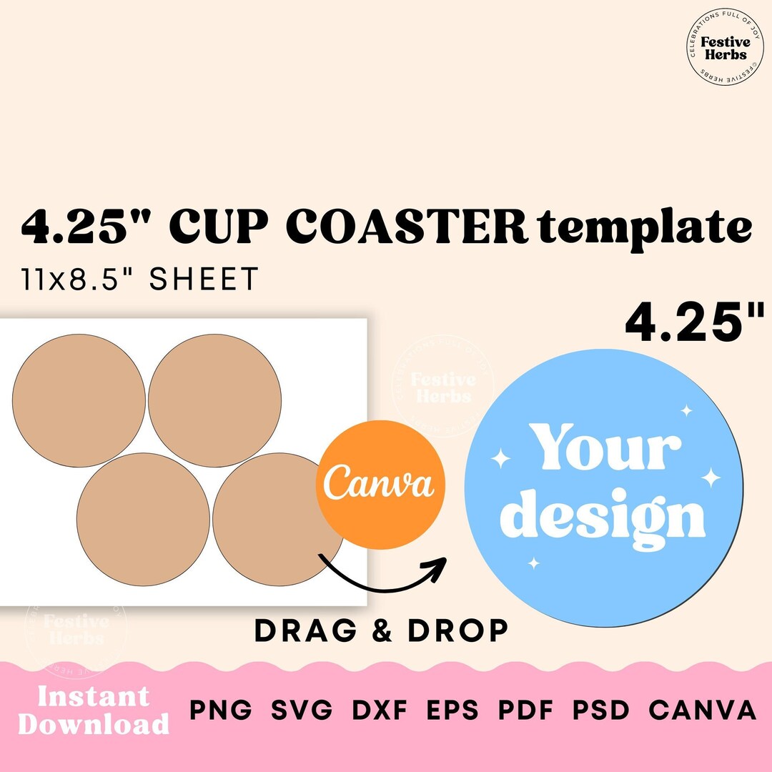 Cup Coaster SVG Template, 4.25 Inch Round Coaster Sublimation Template ...