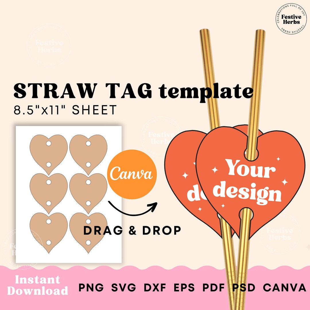 Straw Tag Template, Party Template Canva, Custom Party Decor Party Tags ...