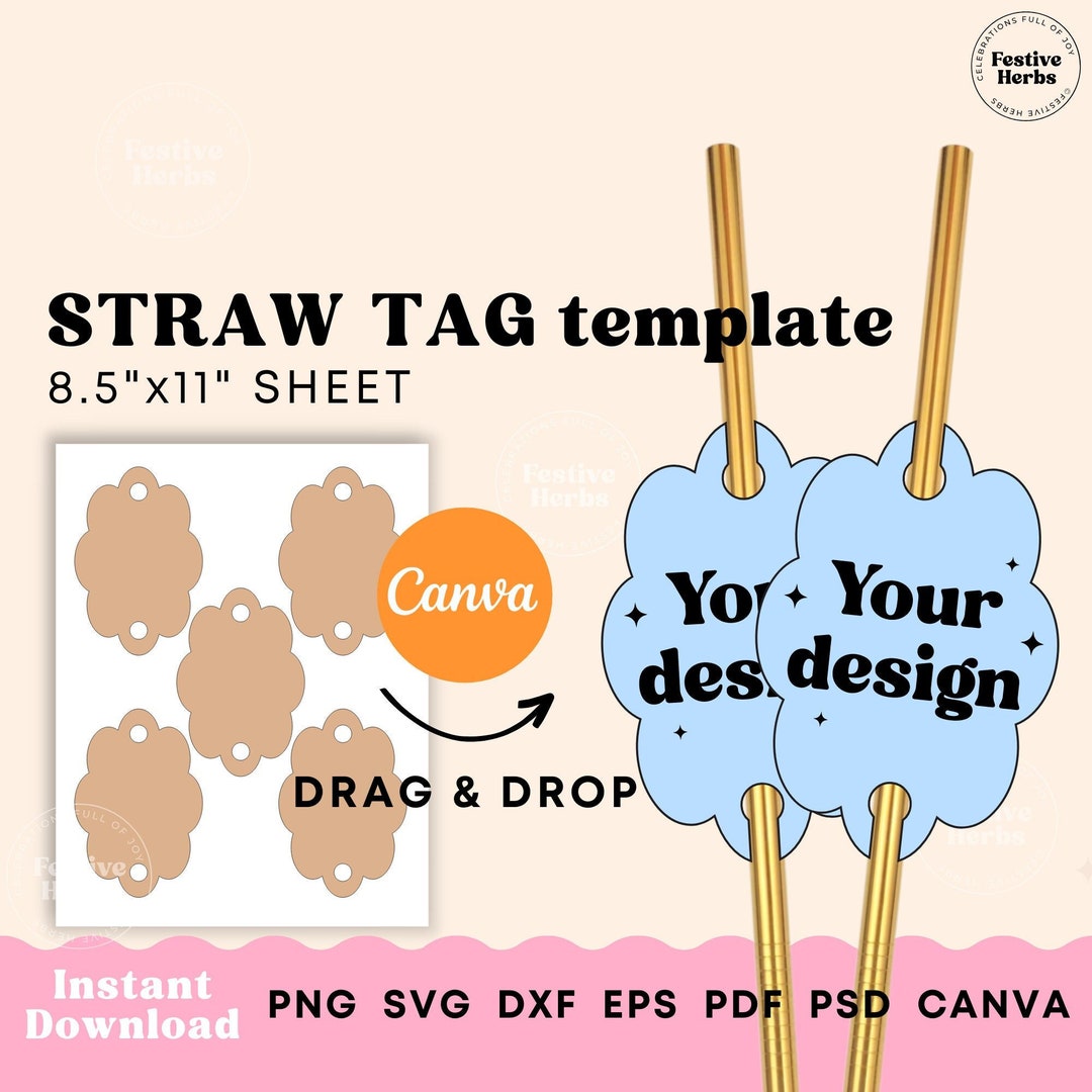 Straw Tag Template, Party Template Canva, Custom Party Decor Party Tags ...