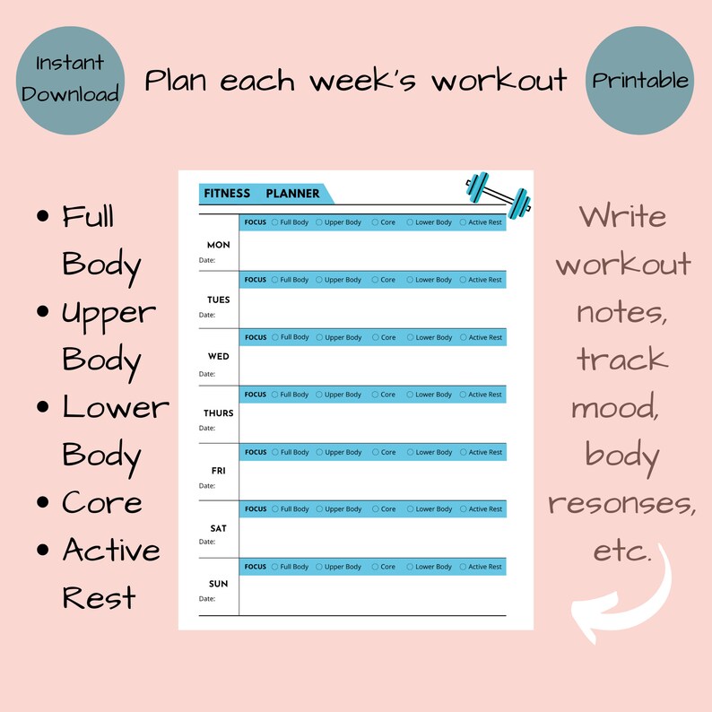 Workout Planner Printable for Women, Exercise Tracker for Her, Fitness ...
