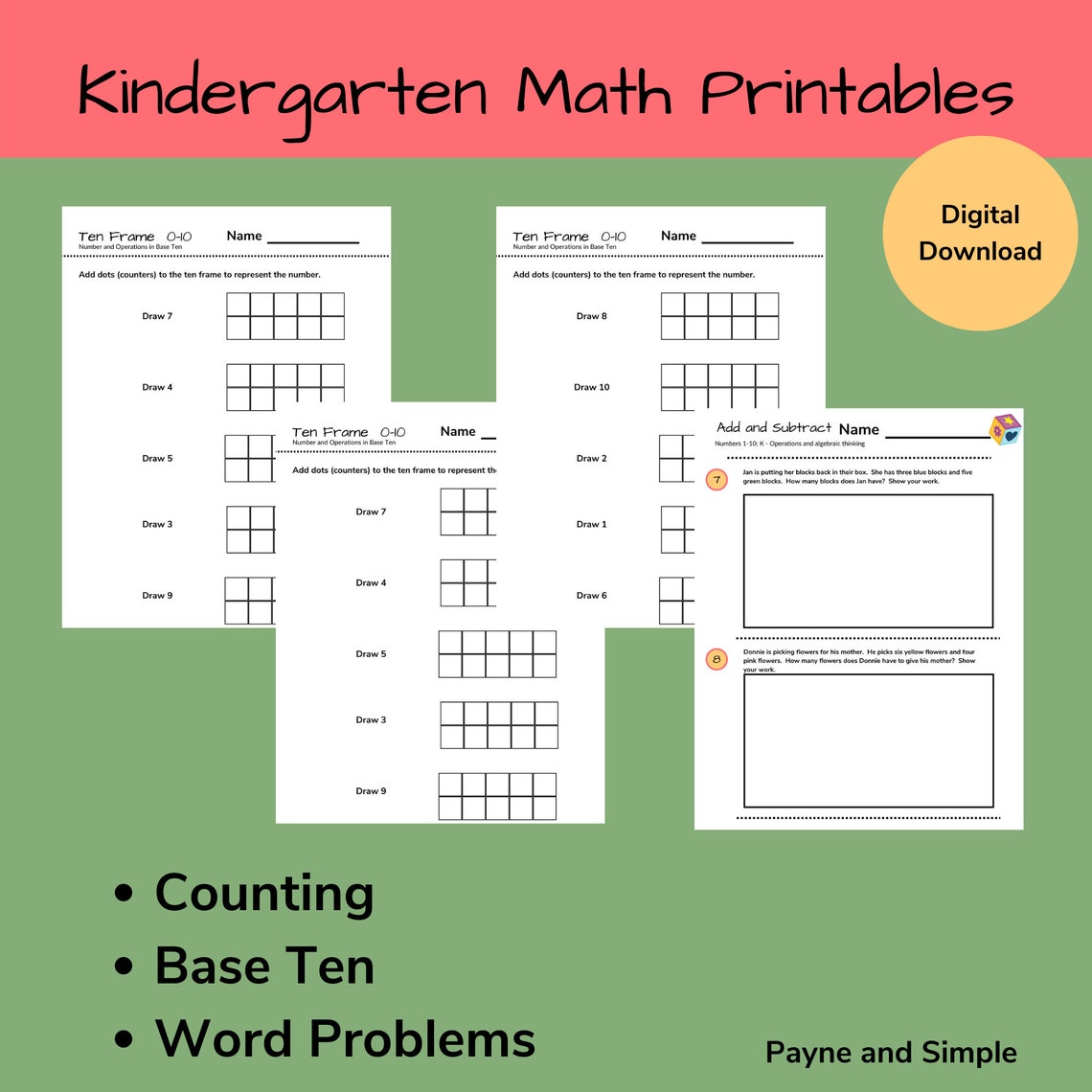 Printable Kindergarten Math Worksheets, Math Worksheets for Kids, Math ...