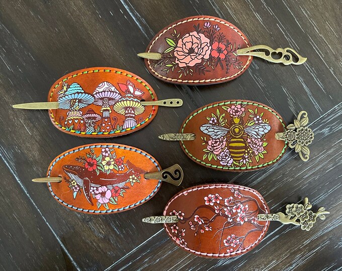 Handmade Leather Hair Barrette With Stick and Hand Painted Designs - Etsy
