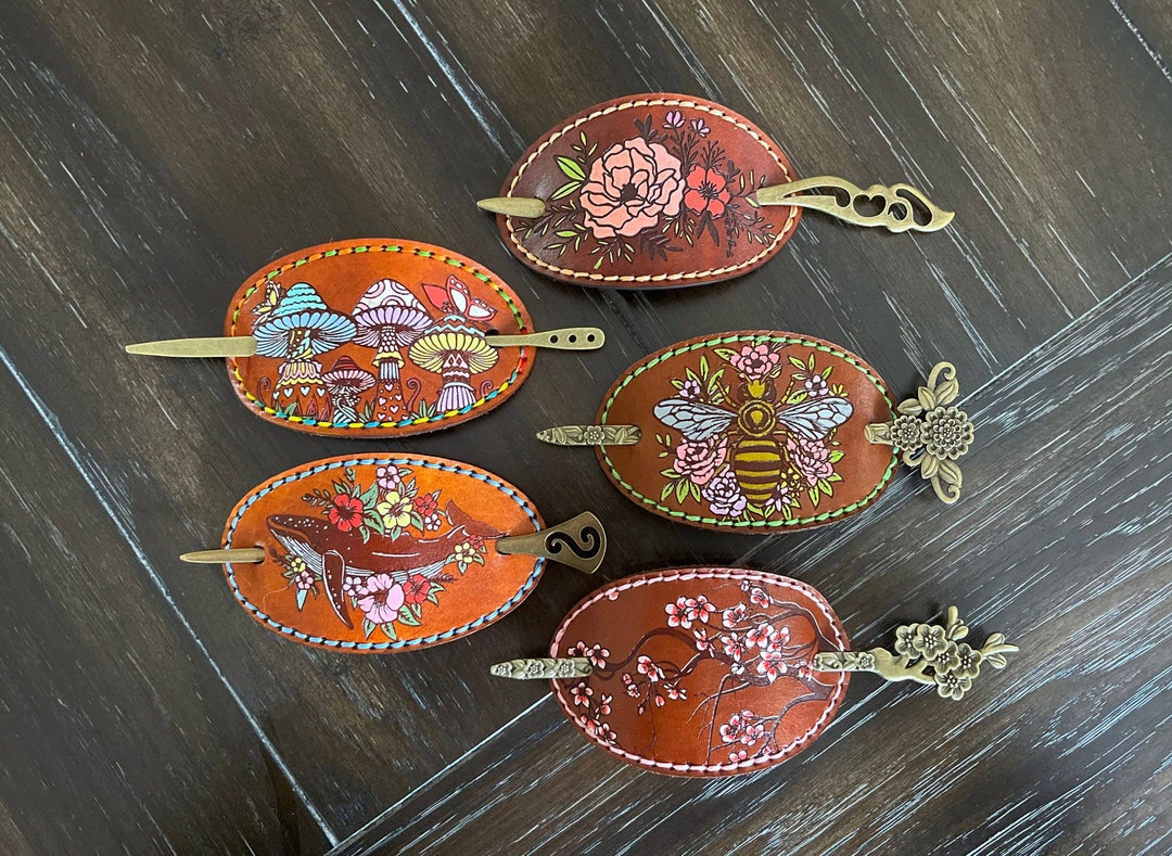 Handmade Leather Hair Barrette With Stick and Hand Painted Designs - Etsy