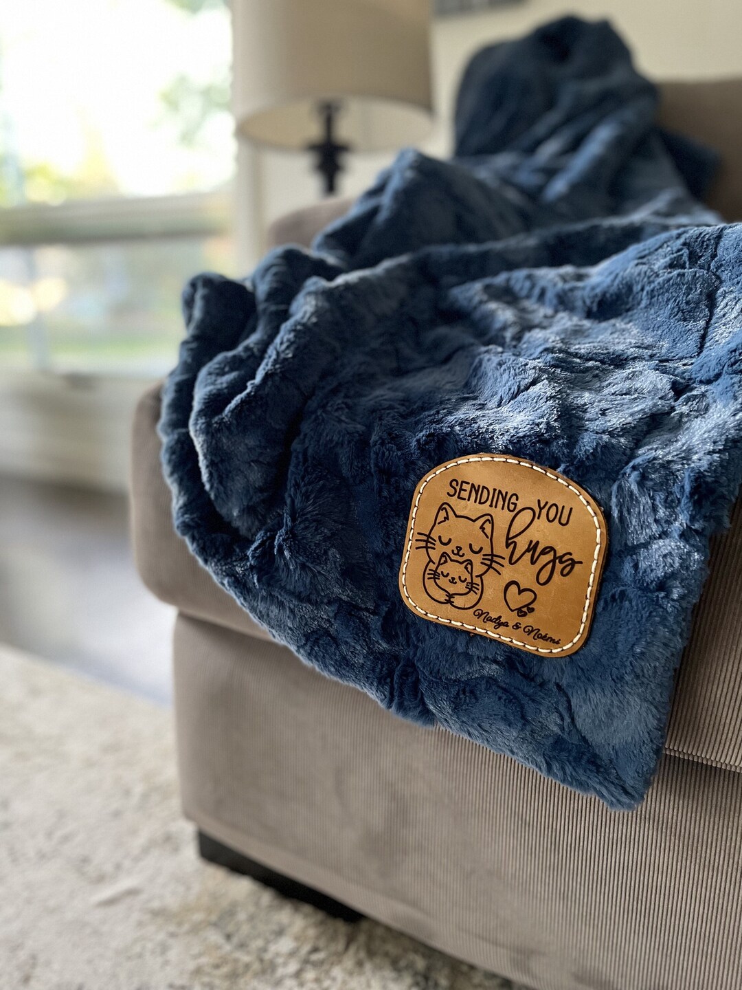 Personalized Genuine Leather Patch Faux Fur Throw Blanket Sending Hugs ...