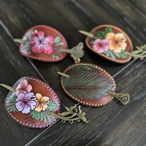 Handmade Leather Hair Barrette With Stick and Hand Painted Tropical ...