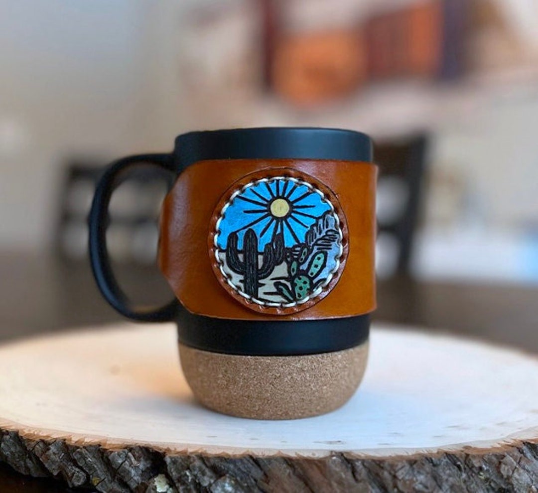 Desert Scene Handmade Leather Wrapped Cork Base Ceramic Mug | Hand ...
