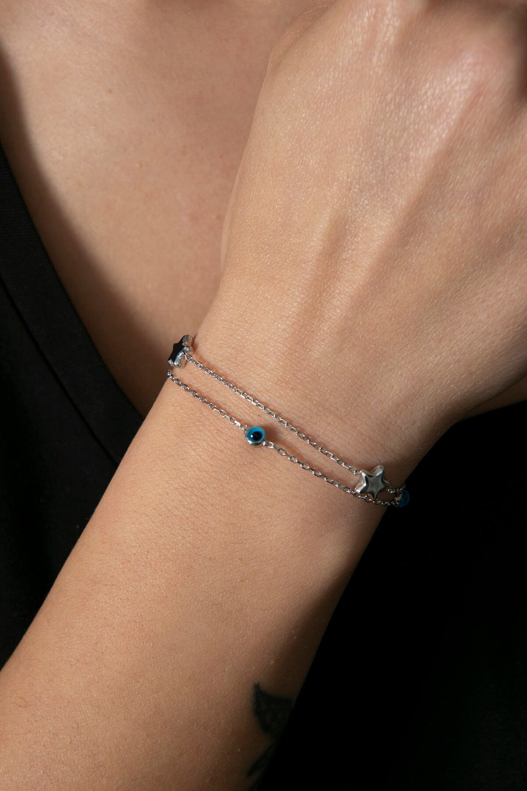 Silver Evil Eye Star Braceletevil Eye Charm Braceletdainty - Etsy