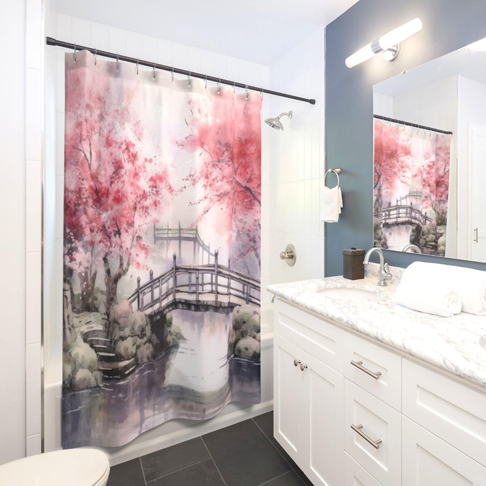 Japanese Flower Bridge Shower Curtain Boho Magic Y2K Shower Curtain ...