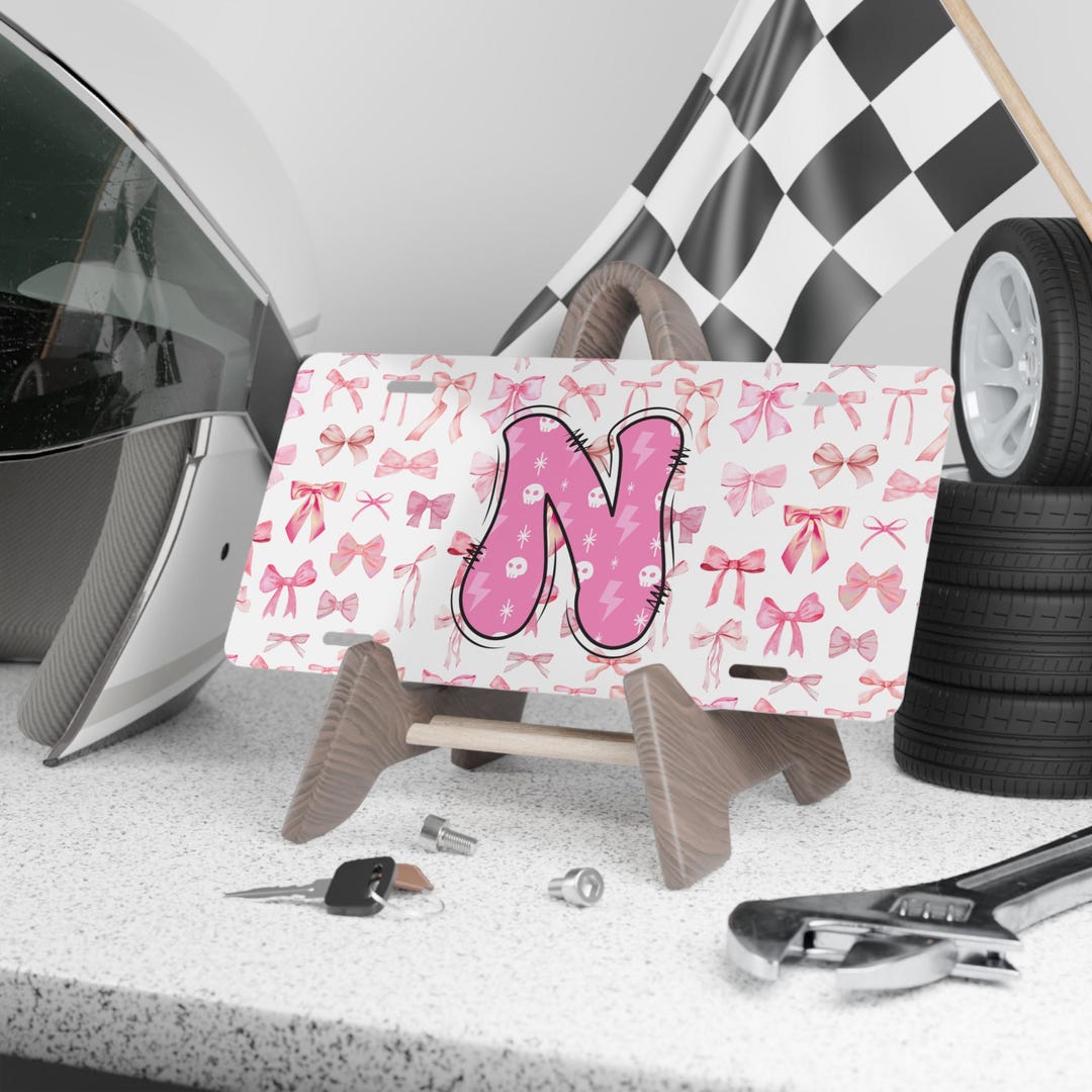Custom Initial Pink Bow License Plate Cute Ribbon Vanity Plate Softgirl ...